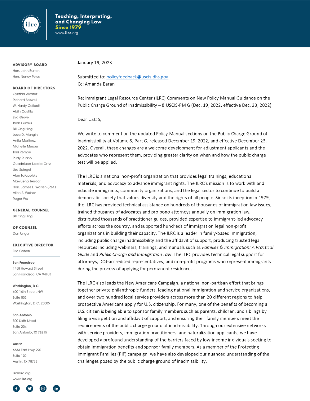 ILRC Comments to USCIS on Policy Manual Changes to Public Charge Ground ...