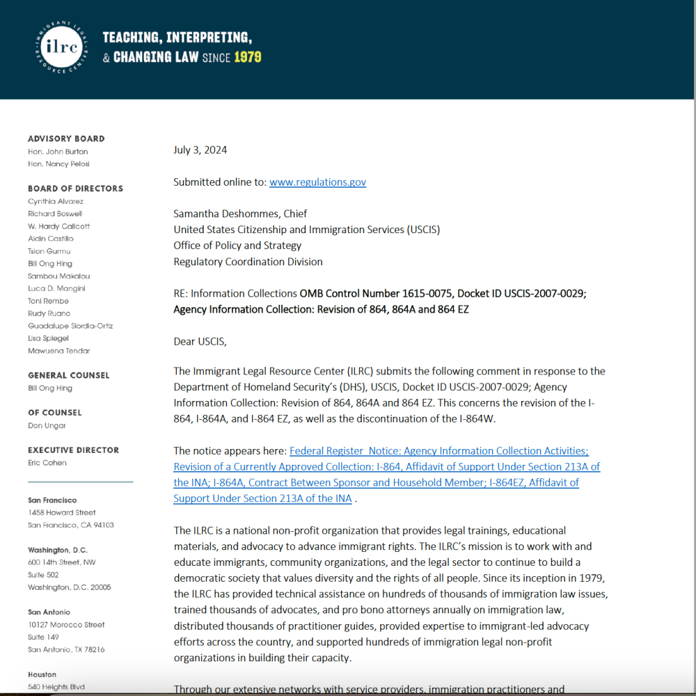 ILRC Comments on USCIS’s Revisions to Forms I-864, I-864A and I-864 EZ ...