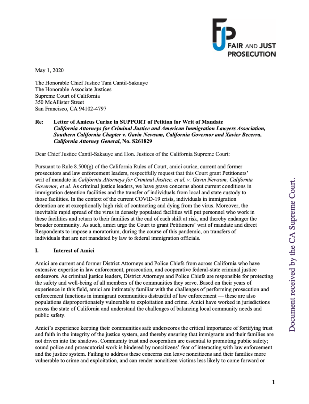 Letter of Amicus Curiae in Support of Petition for Writ of Mandate in ...