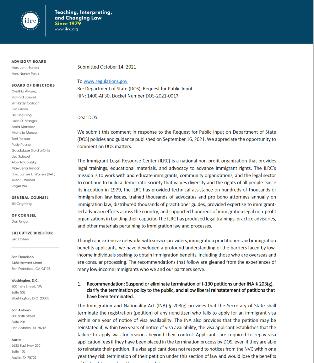 ILRC Comment to Department of State | Immigrant Legal Resource Center ...