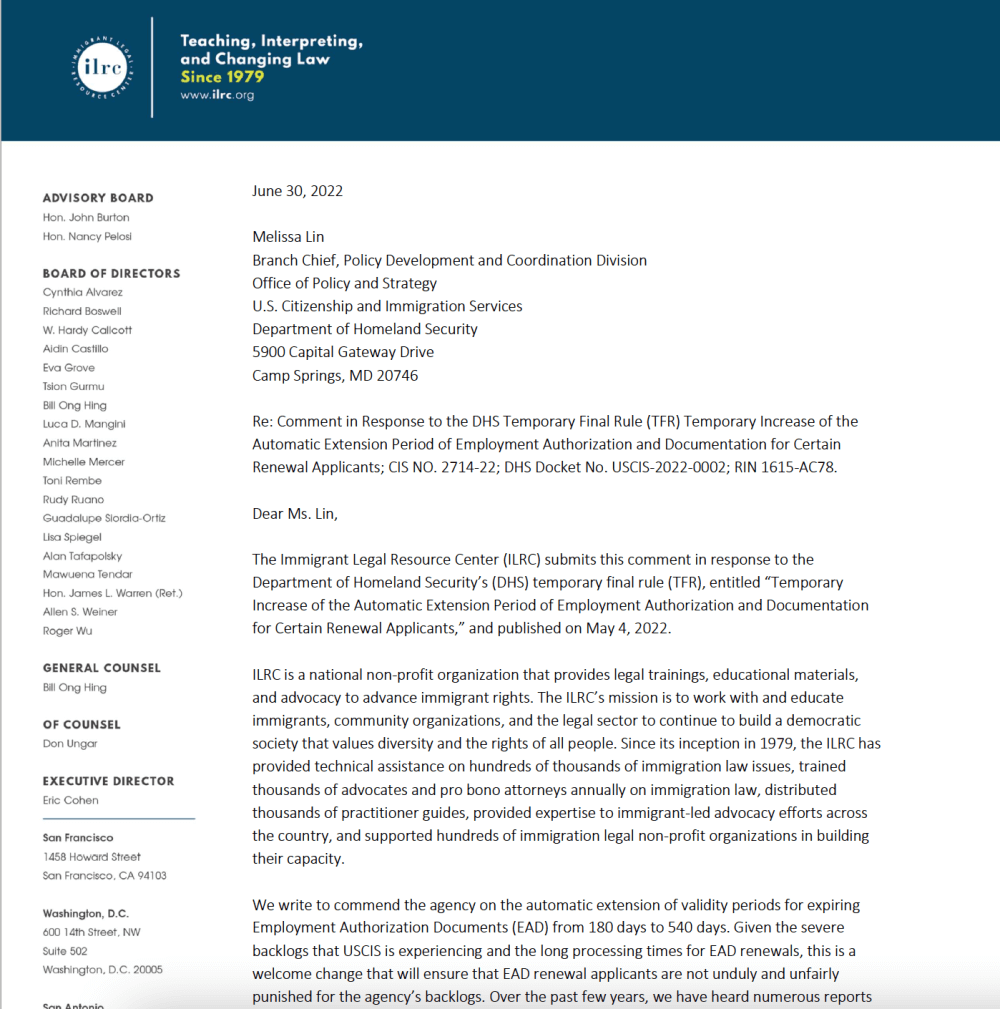 Comment thanking USCIS for the 540 day auto-extension for pending EADs ...