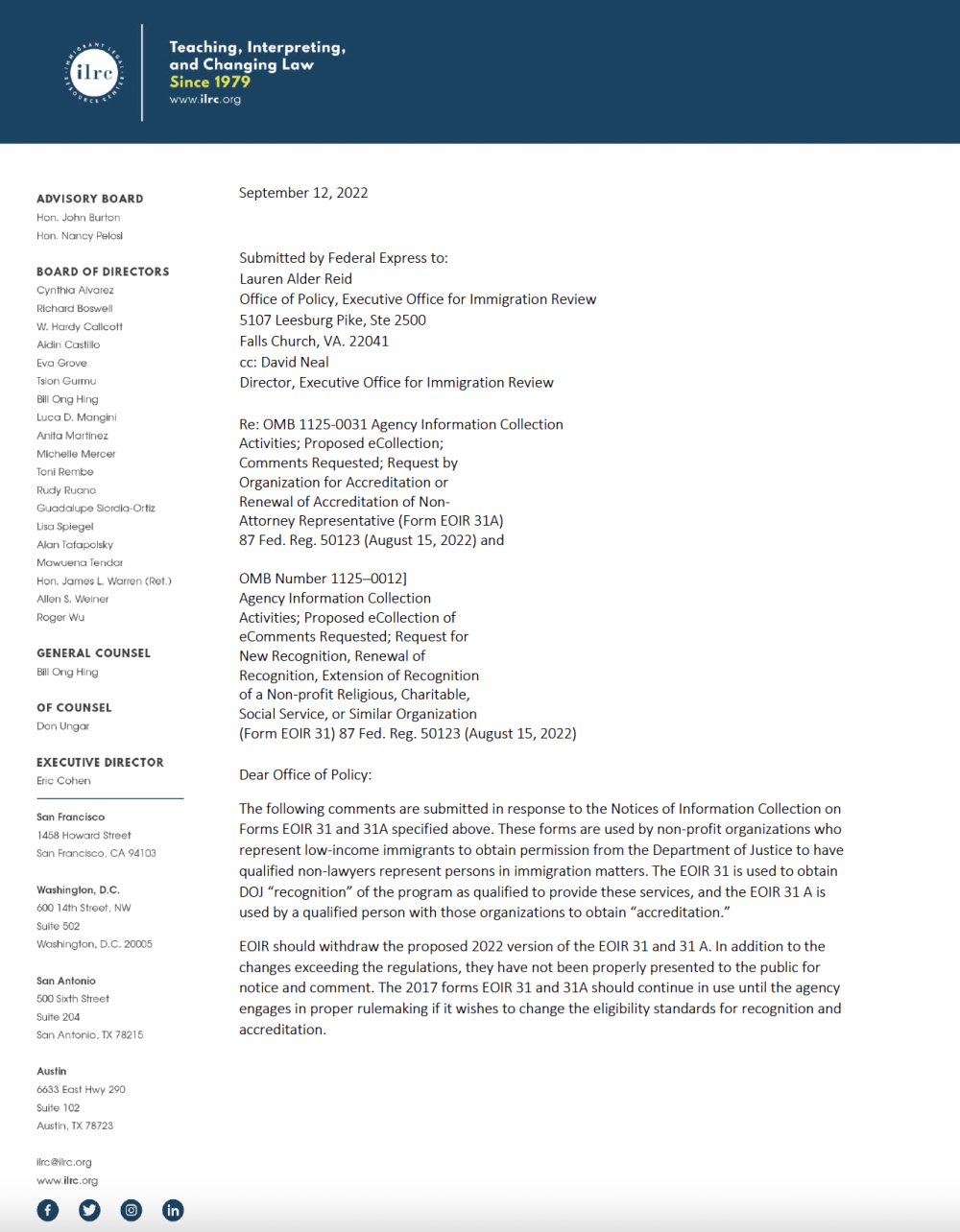 ILRC Comment on Proposed Revisions of EOIR Forms 31 (for DOJ Recognition) and 31A (for DOJ ...
