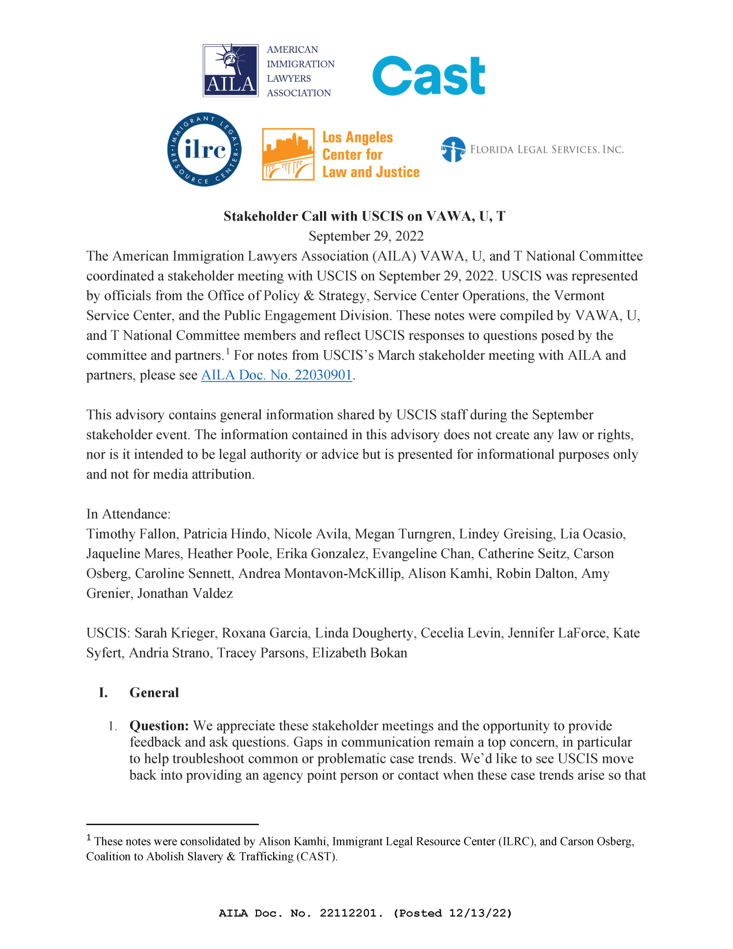 Stakeholder Call with USCIS on VAWA, U, T | Immigrant Legal Resource ...