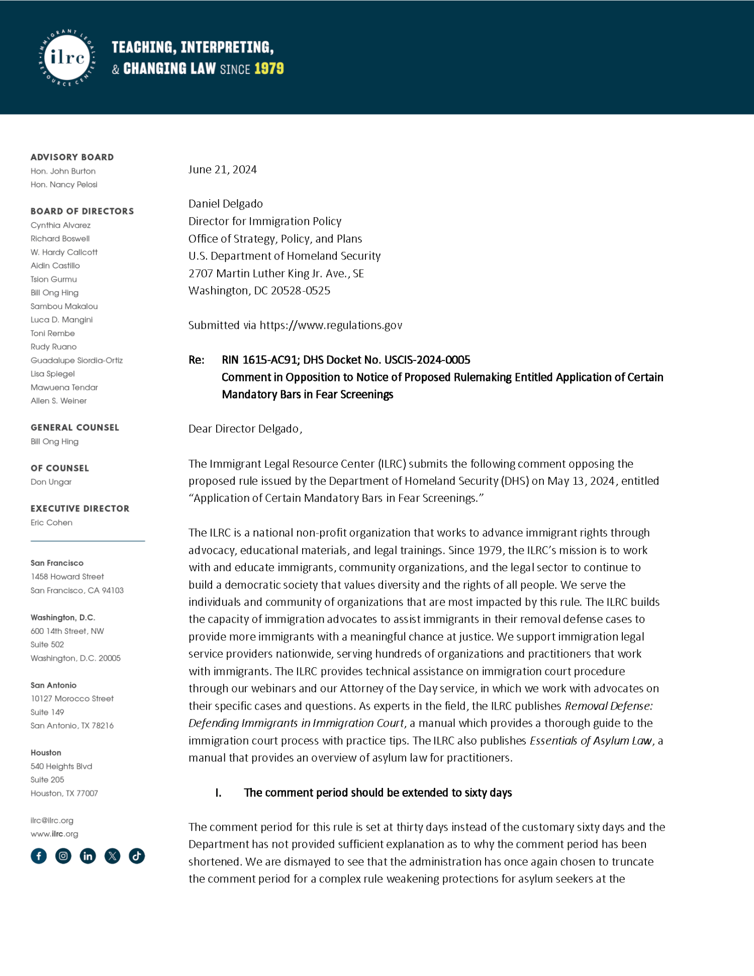 ILRC Comment on NPRM Application of Certain Mandatory Bars in Fear ...