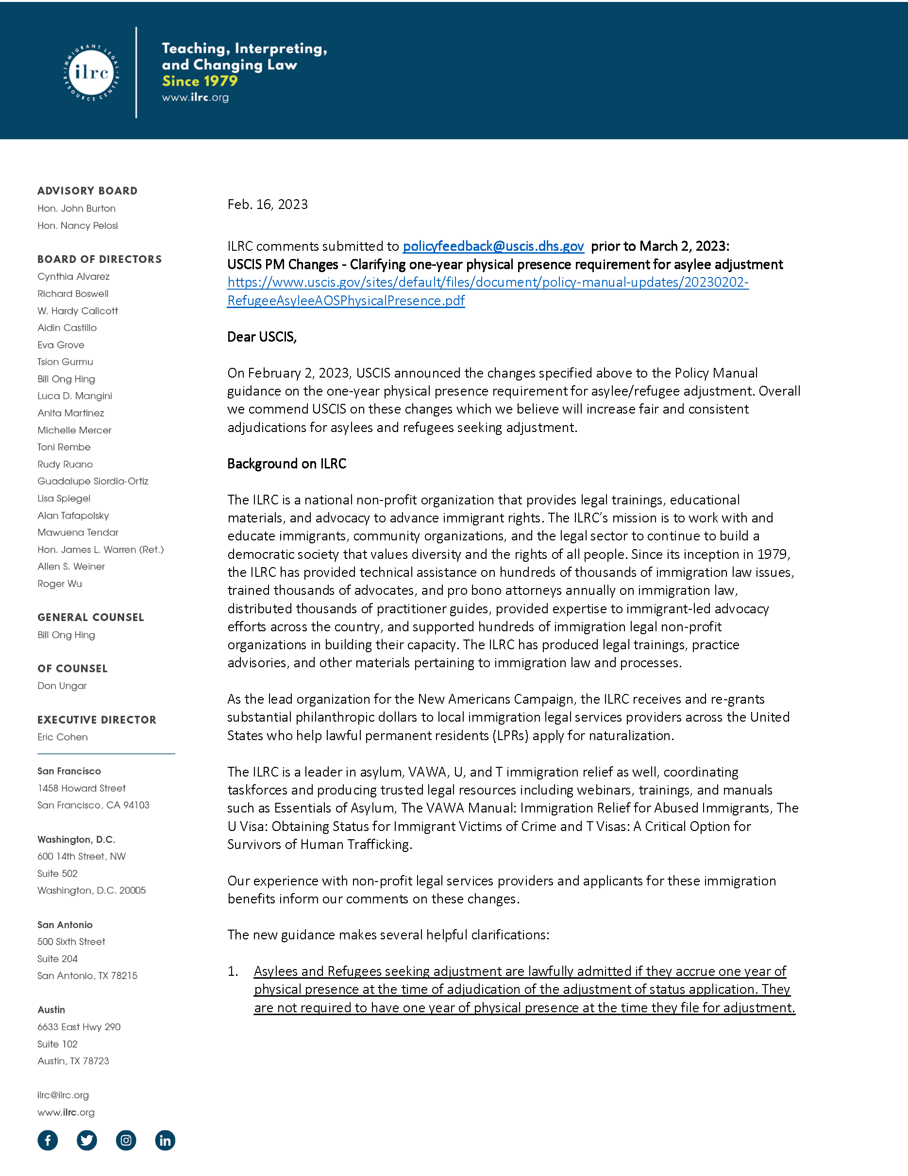 Letter to USCIS on Policy Manual Changes to Physical Presence ...