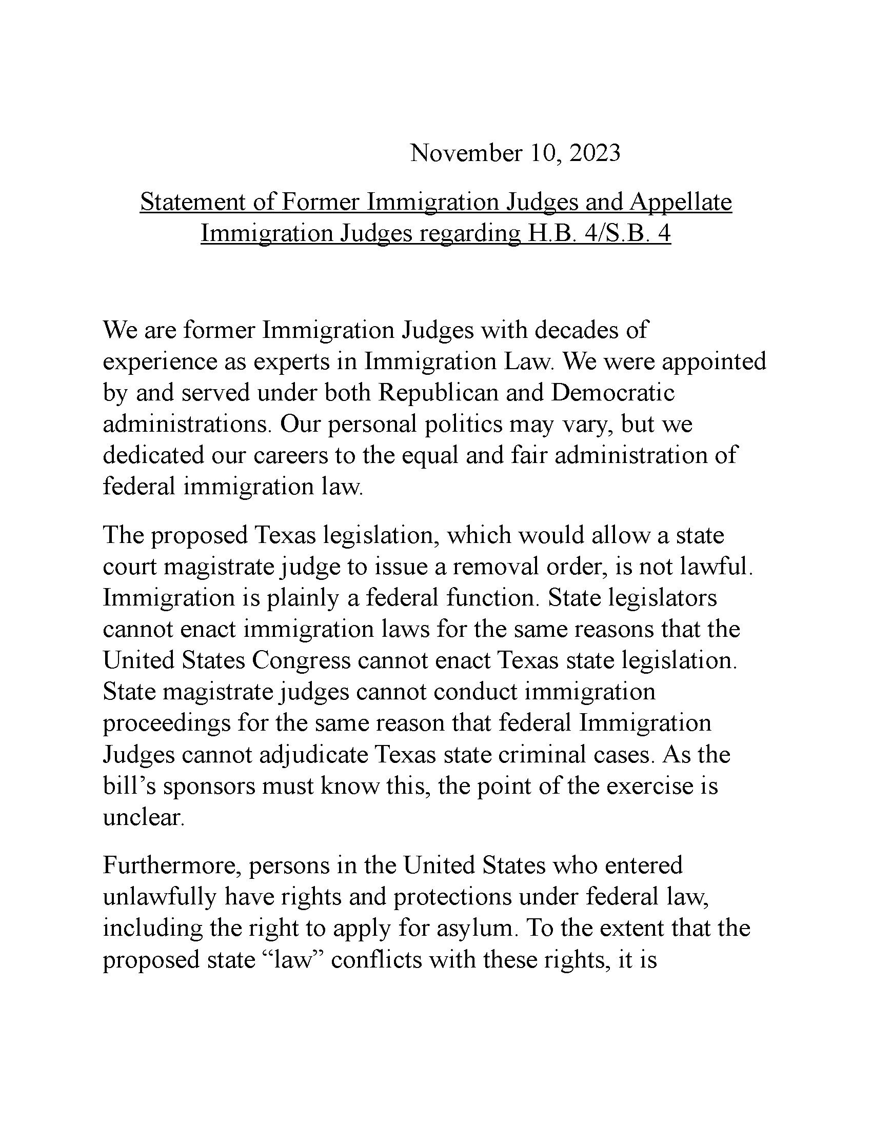 Statement of Former Immigration Judges and Appellate Immigration Judges ...