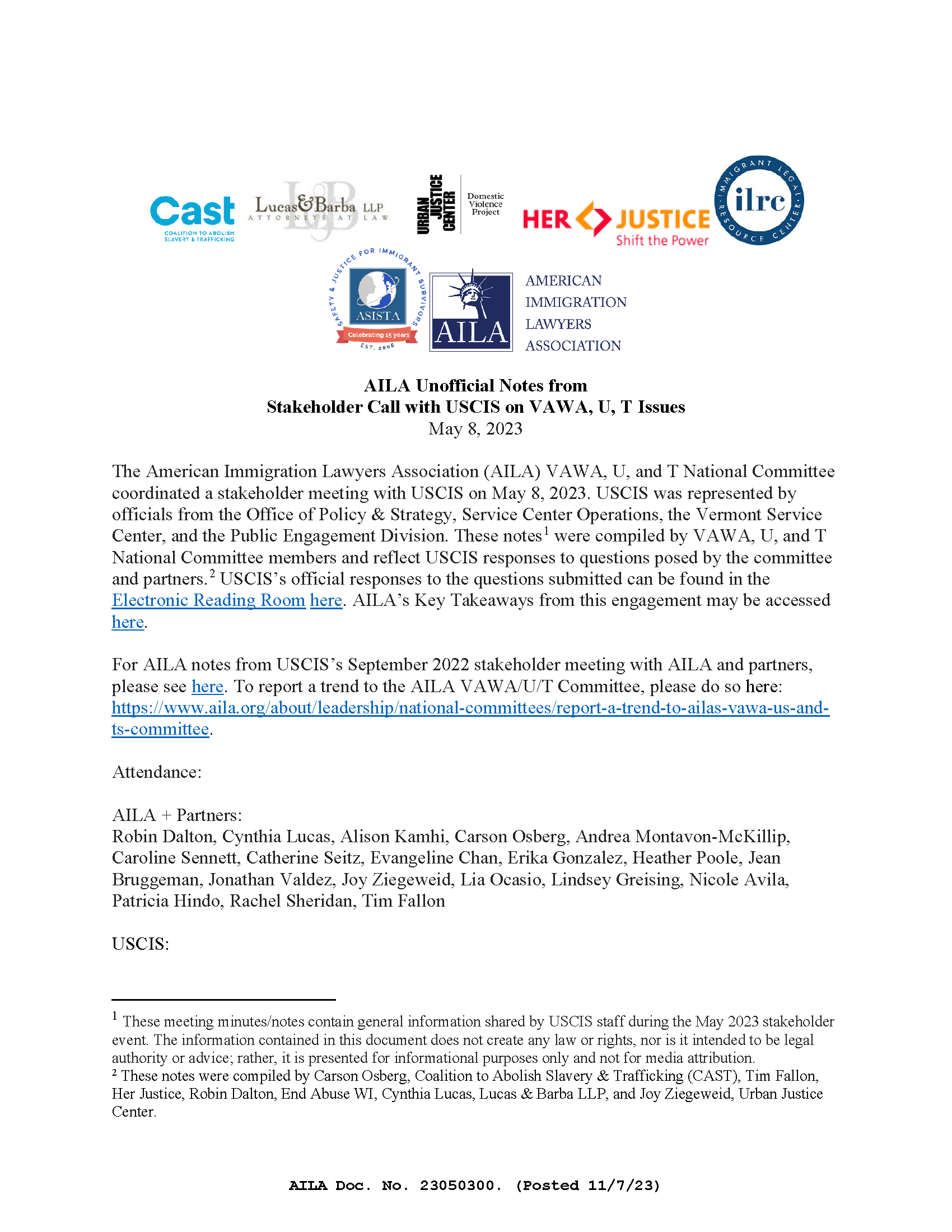Unofficial Notes from USCIS Stakeholder Call on VAWA, U, and T Issues ...
