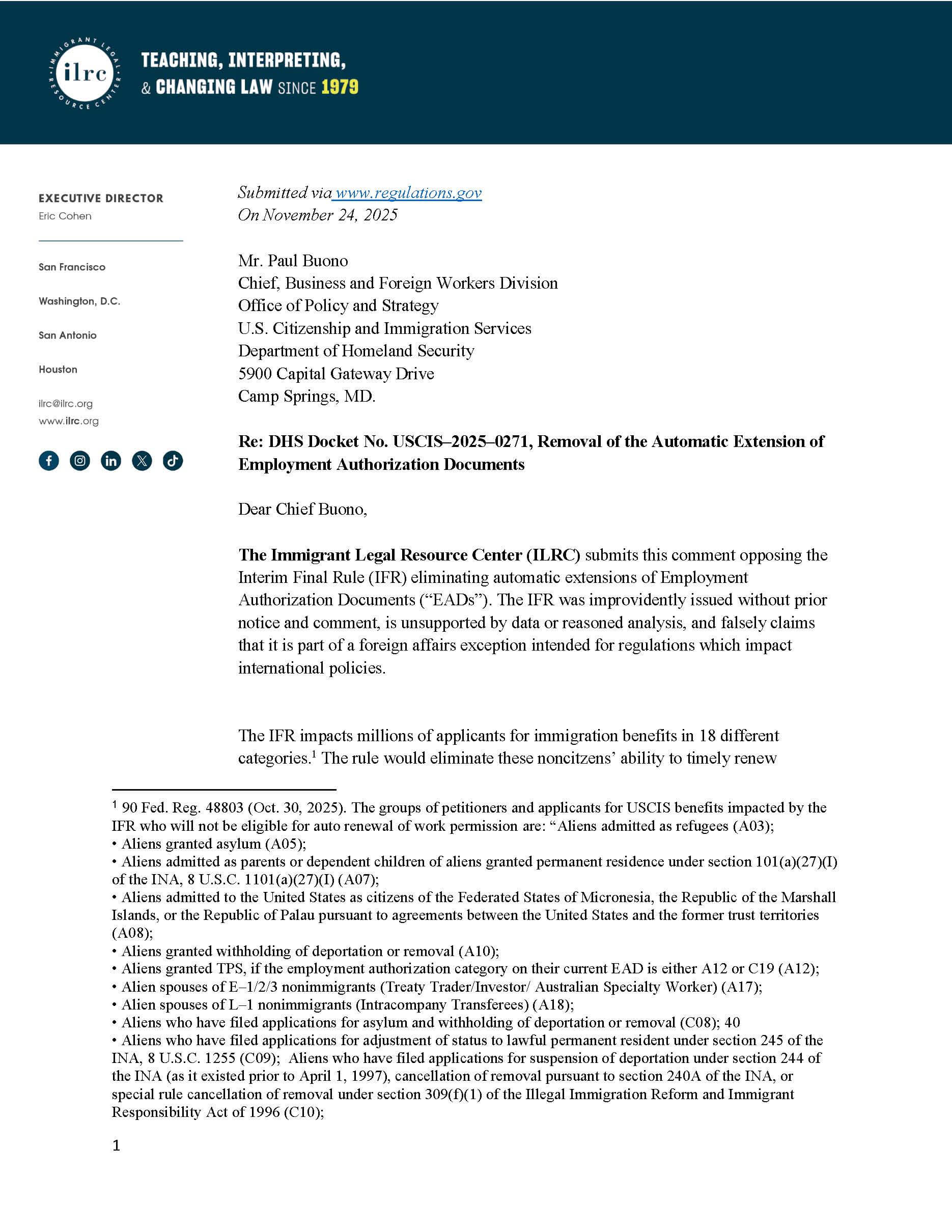 ILRC Comment Opposing USCIS's Rule Eliminating Auto-Extension of ...
