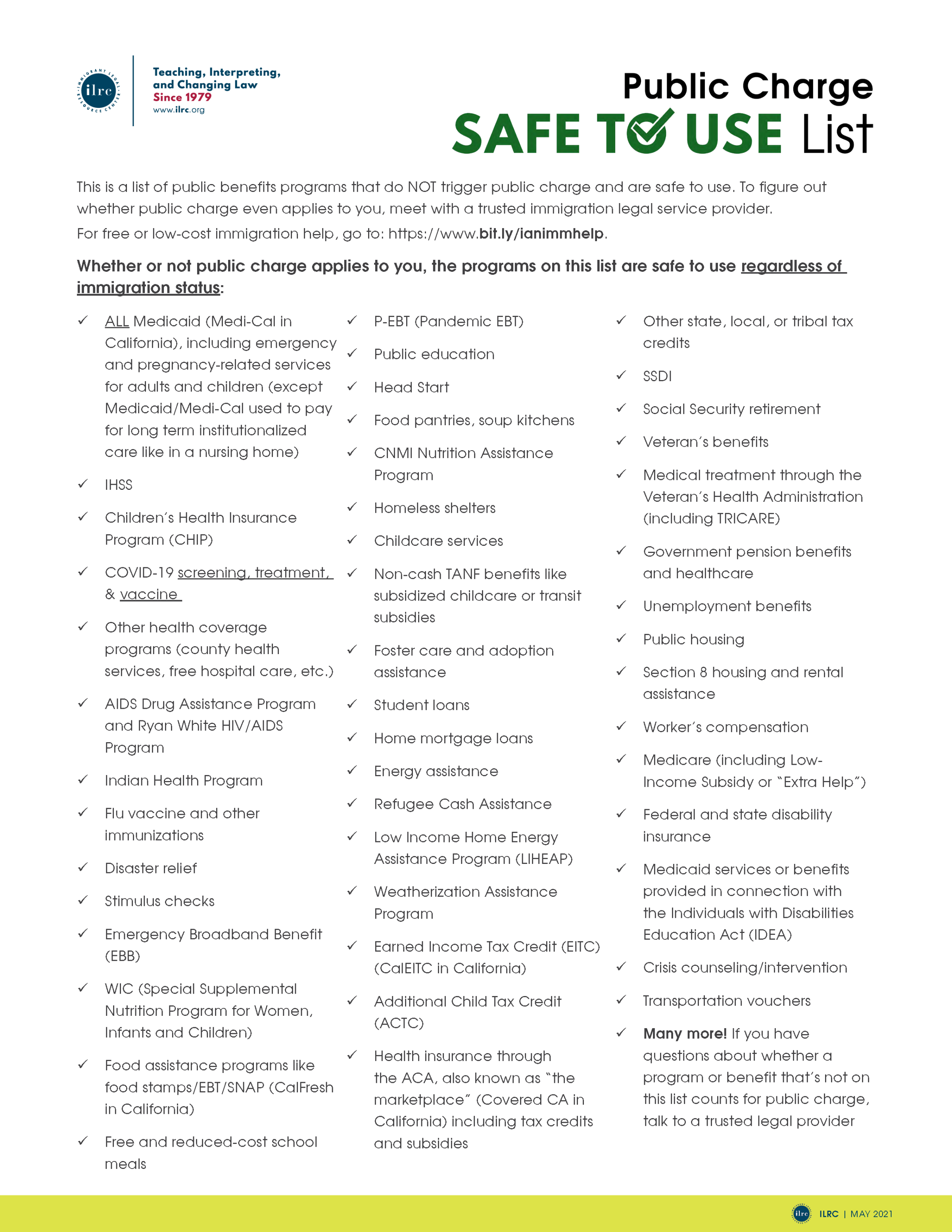 Public Charge Safe to Use List | Immigrant Legal Resource Center | ILRC