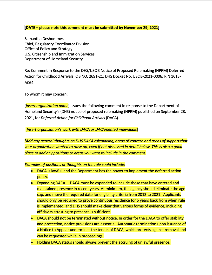 DACA Rule Change Comment Template | Immigrant Legal Resource Center | ILRC