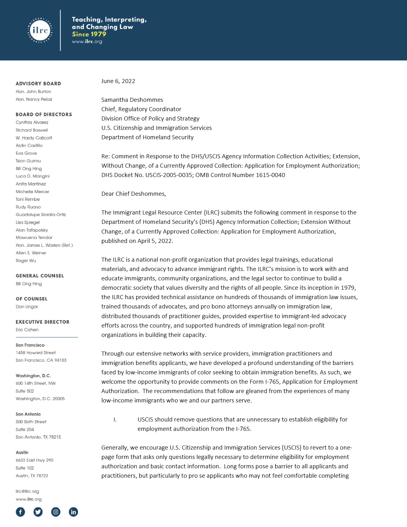 ILRC Comment on I-765 Information Collection Activities | Immigrant ...