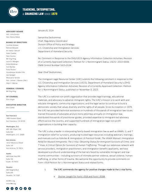 ILRC Comment on Proposed Changes to U Visa Forms | Immigrant Legal ...