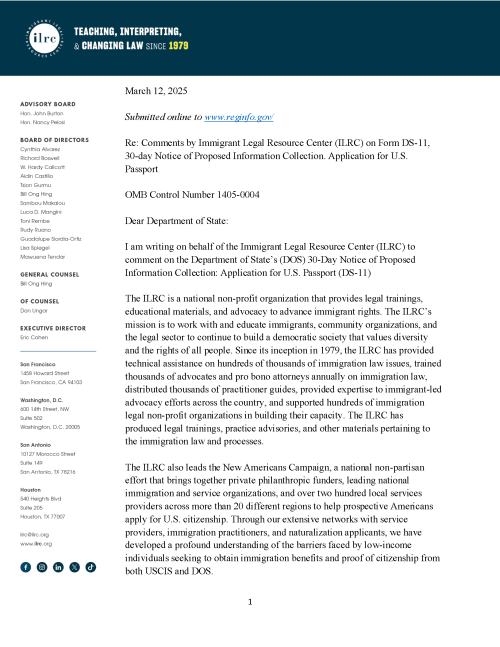 Comments by Immigrant Legal Resource Center (ILRC) on Form DS-11, 30 ...