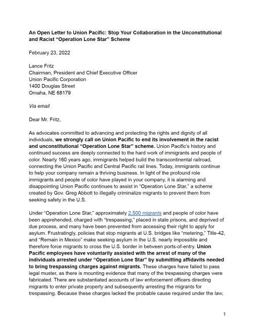 An Open Letter to Union Pacific | Immigrant Legal Resource Center | ILRC