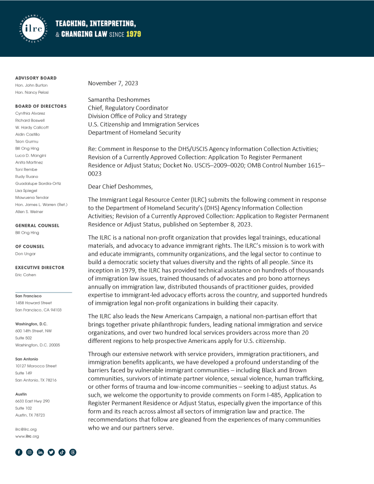 ILRC Comment on Proposed Changes to Form I-485 | Immigrant Legal ...