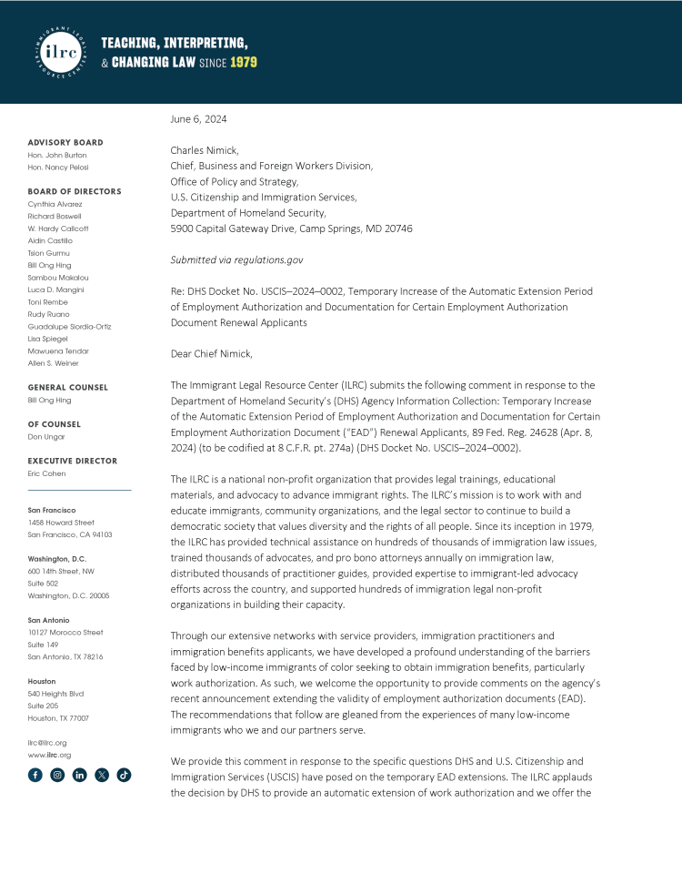 ILRC Comment on Temporary Final Rule Automatically Extending Employment ...