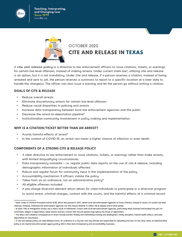 Cite and Release in Texas | Immigrant Legal Resource Center | ILRC