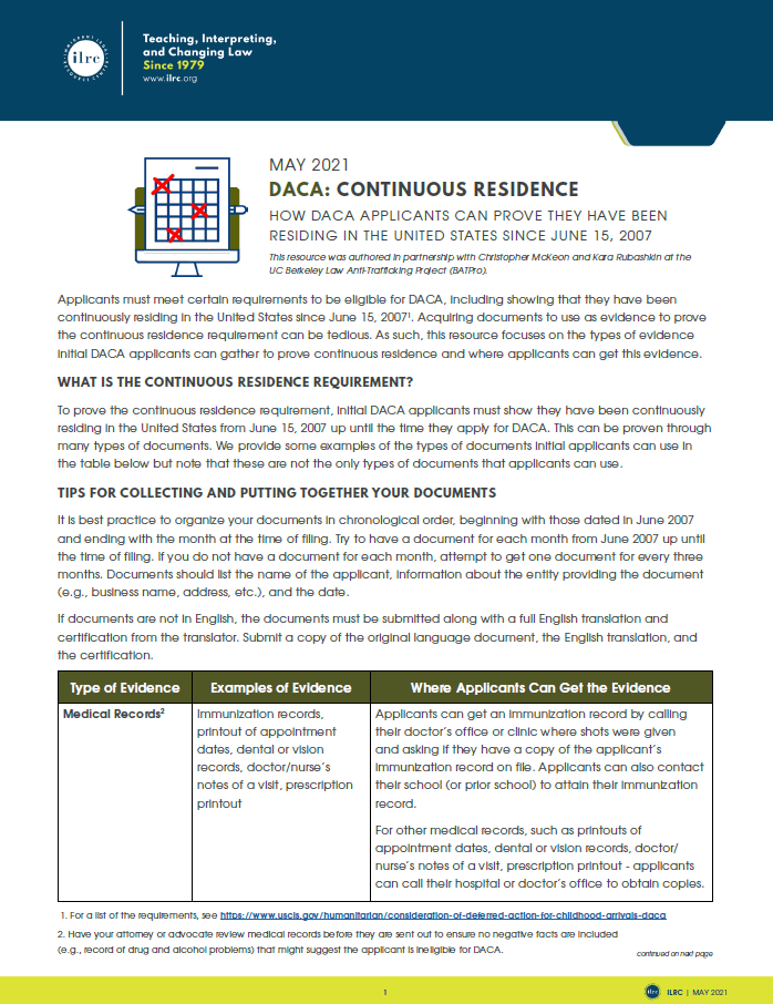 DACA: Continuous Residence | Immigrant Legal Resource Center | ILRC