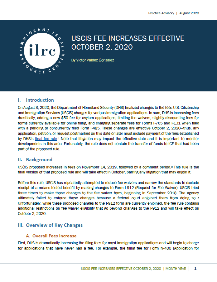 USCIS Fee Rule Enjoined September 29, 2020 | Immigrant Legal Resource ...