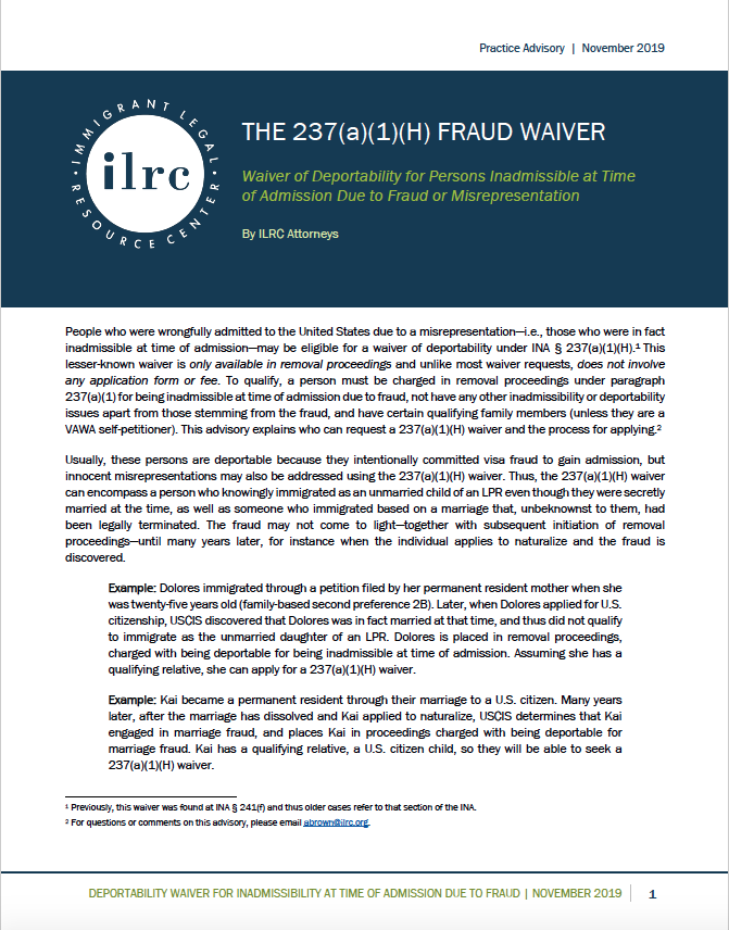 The 237(a)(1)(H) Fraud Waiver: Waiver of Deportability for Persons ...