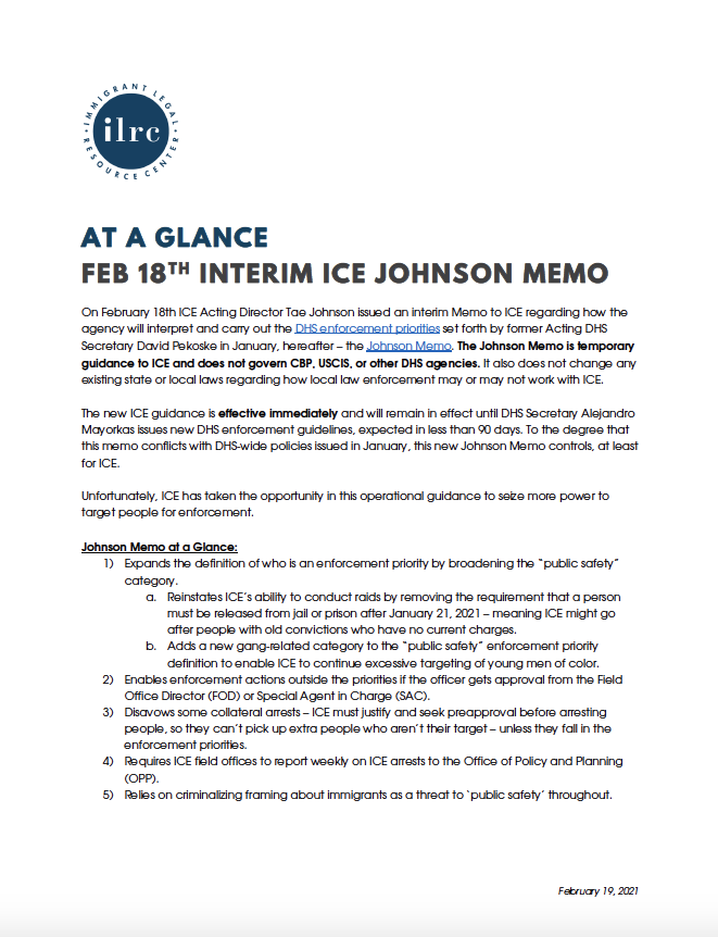 At a Glance: Feb 18th Interim ICE Johnson Memo | Immigrant Legal ...